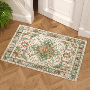 vintage rugs for entryway, 2x3 washable low pile rug, small front door non-slip area rug for kitchen, throw rugs with rubber backing, soft boho indoor entrance bedroom entry carpet mat (cream/green)