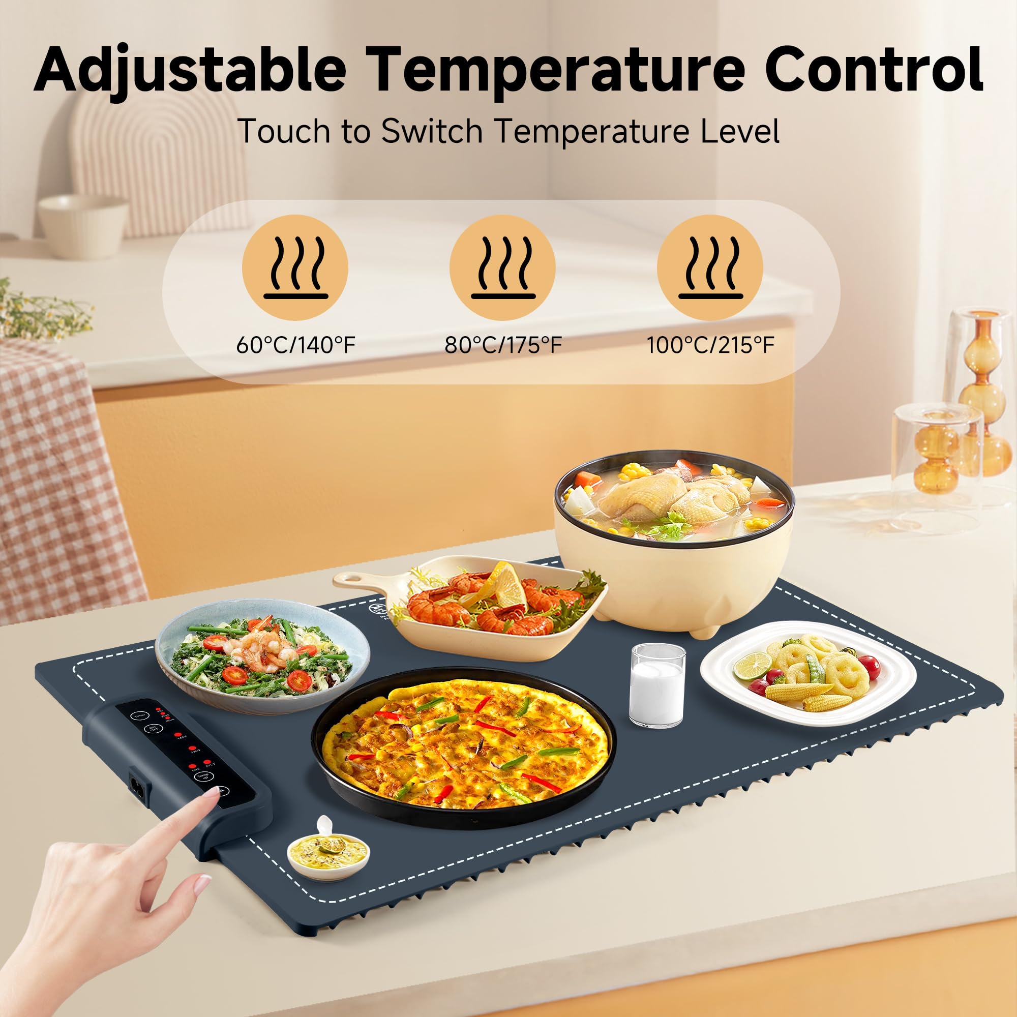 Silicone Heating Mat for Food Warming Tray Portable Food Warmer for Parties Adjustable Temperature Control Time Moders Locking Function Dark Blue