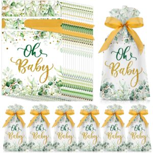 bulyoou 50 pcs baby shower party favors bags baby plastic drawstring gift bags greenery eucalyptus candy goodies treat bags for baby boy girl birthday gender reveal party supplies decor 9 x 6 inch