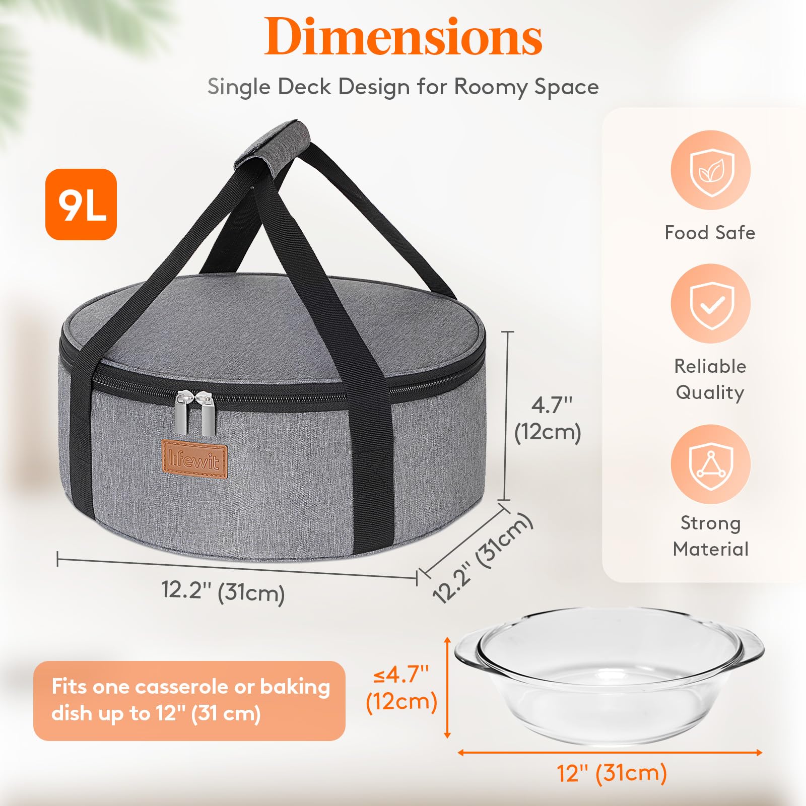 Lifewit Round Insulated Casserole Carrier for Hot and Cold Food, Pie Carrier Bag, Cake Carrier Casserole Dish Carrying Case for Potluck Parties Picnic, Fits 12.5" Baking Dish, Grey