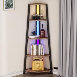 vilick 5 tiers corner shelf with light multiple color tall corner shelves stable 3-angle structure display shelf for collectibles with metal steel frame and thick wood for living room bedroom