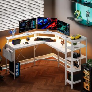 Patikuin L Shaped Desk with Power Outlets & LED Lights, 62" Computer Desk with Full Monitor Stand & Storage Shelves, Corner Desk Gaming Desk, Ergonomic Home Office Desk, White