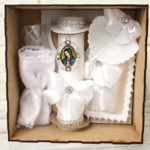 Elegant Wood Box 5pc Our Lady Guadalupe Charm Rhinestone Mi Bautizo Baptism Gift Set Rosary Candle Communion Espanol Nina Nino Favor Bible Velas Recuerdos