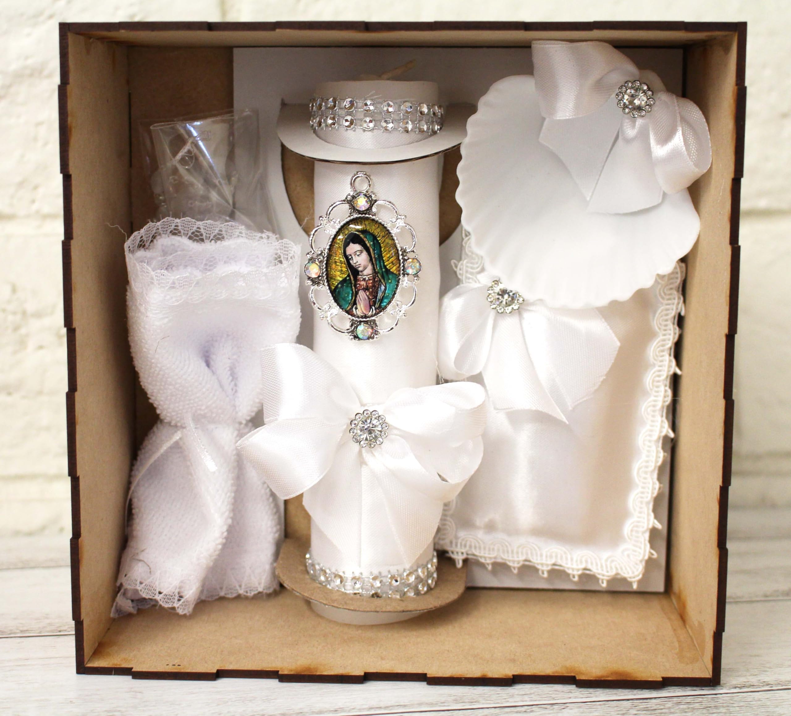 Elegant Wood Box 5pc Our Lady Guadalupe Charm Rhinestone Mi Bautizo Baptism Gift Set Rosary Candle Communion Espanol Nina Nino Favor Bible Velas Recuerdos