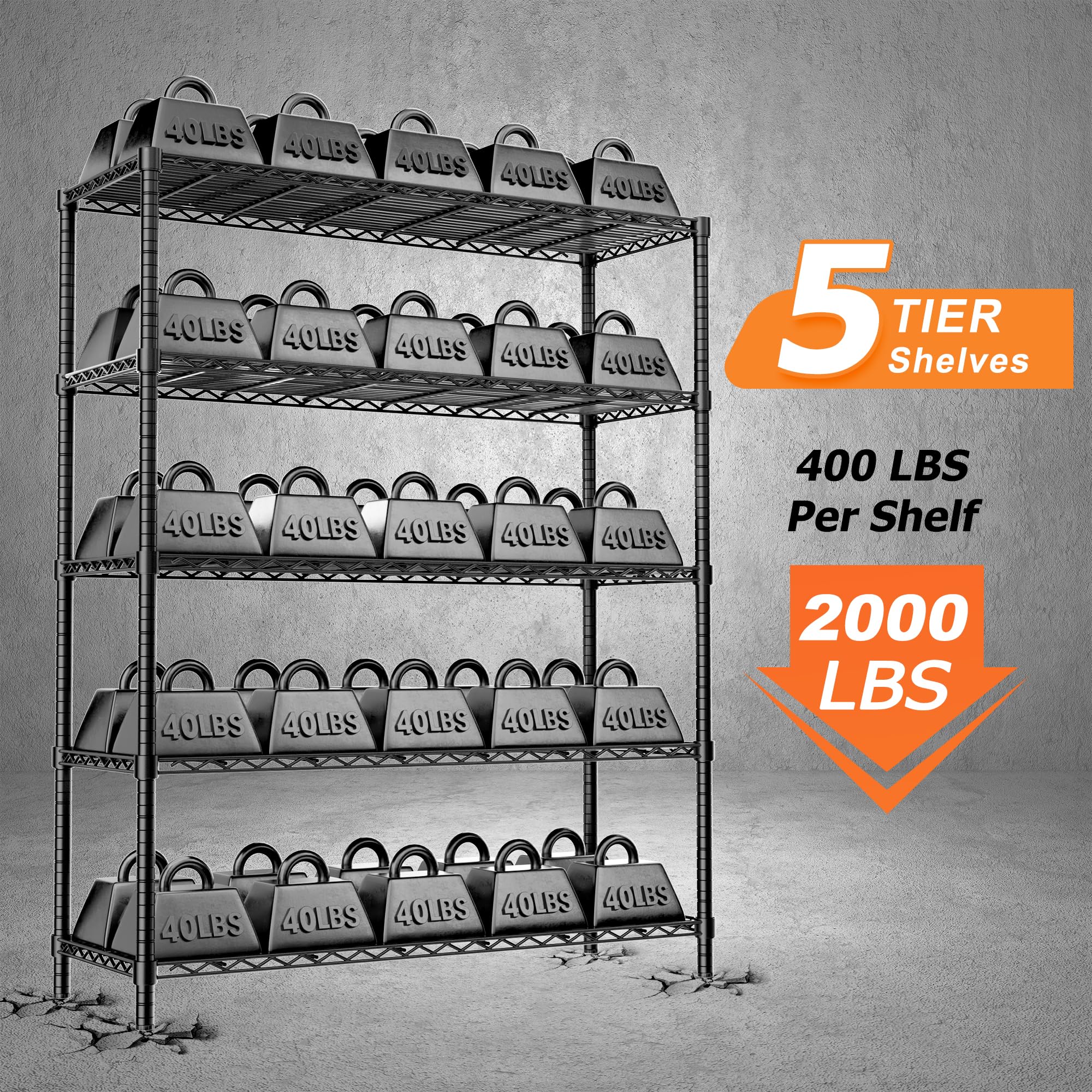 Storage Shelves Heavy Duty, 48" L x 20" W x 72" H Garage Wire Shelving Unit Loads 2000LBS, 5-tier Adjustable Metal Industrial Utility Shelf Rack for Kitchen, Laundry Room, Pantry, Warehouse, Basement