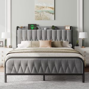 Einhomn Velvet Queen Bed Frame with Charging Station, Platform Bed with Upholstered Storage Headboard & Footboard, 12" Underbed Space, Noise-Free, Easy Assembly, No Box Spring Needed, Light Gray