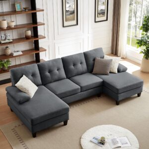 Enobala 111" Sectional Sofa, Modern U Shaped 4 Seat Sofa Couch Linen Fabric Sofa Couch for Living Room