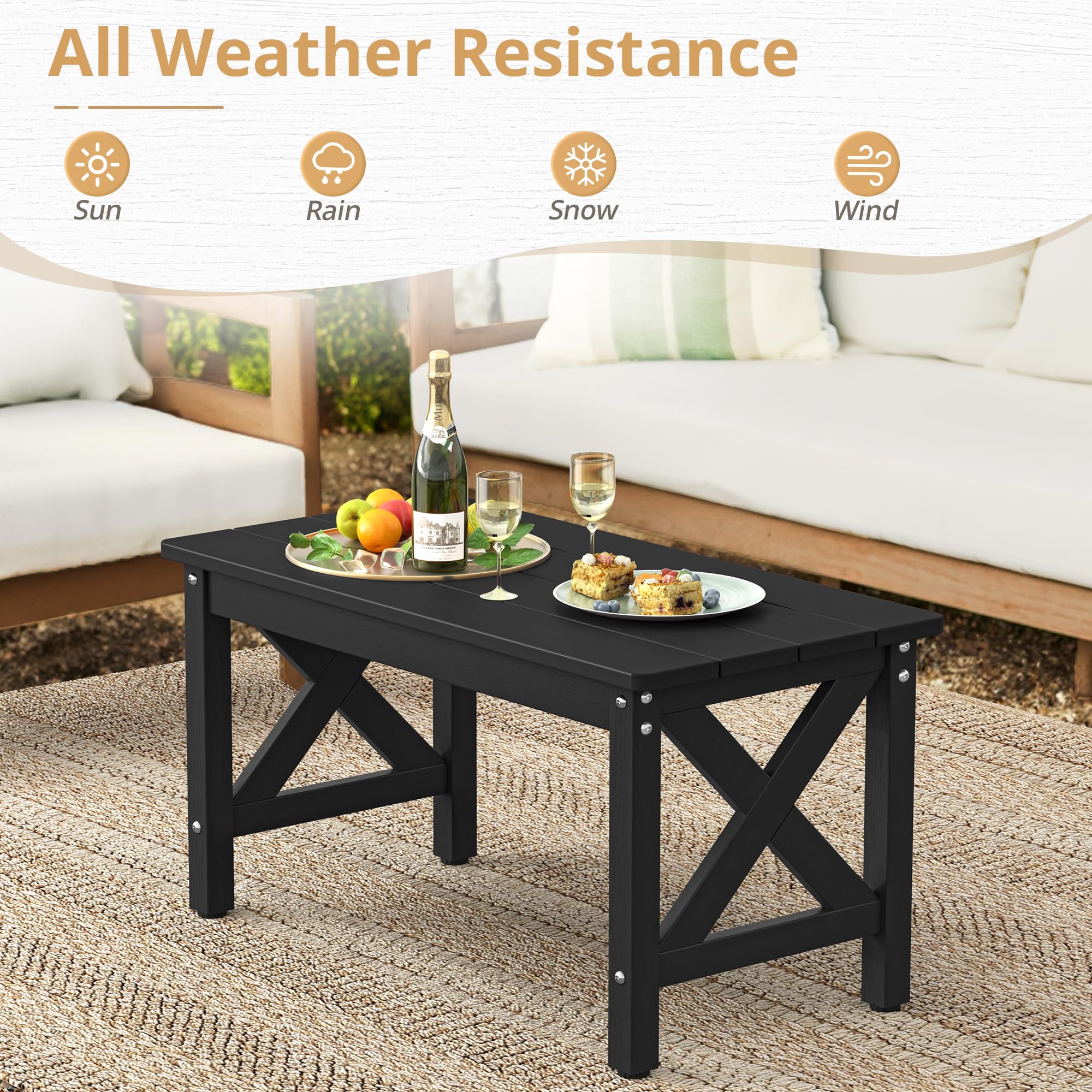 LUE BONA Outdoor Coffee Table for Patio, Rectangle HDPS Outdoor Coffee Table, All Weather Patio Coffee Tables for Outside Deck Porch Lawn, Black