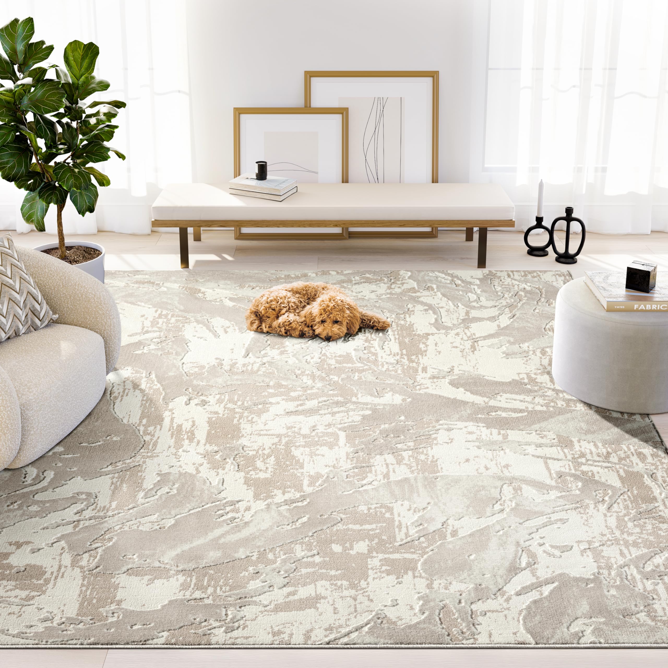 Abani Terra Cream 6' x 9' Area Rug for Living Room, Bedroom - Abstract Wavy Pattern - Durable & Easy to Clean