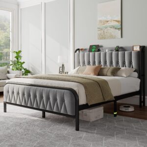 Einhomn Velvet Queen Bed Frame with Charging Station, Platform Bed with Upholstered Storage Headboard & Footboard, 12" Underbed Space, Noise-Free, Easy Assembly, No Box Spring Needed, Light Gray