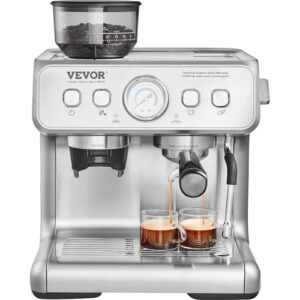 vevor espresso machine with grinder, 15 bar semi-automatic espresso coffee maker with milk frother steam wand, removable water tank & pressure gauge for cappuccino, latte, machiato, pid control system