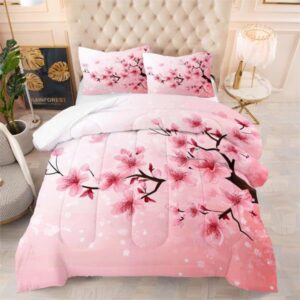 ccoutuechen japanese style floral comforter bedding set king size cherry blossom bed sets botanical comforter insert romantic pink flowers bedding 3pcs soft lightweight comforter(girls women adult)