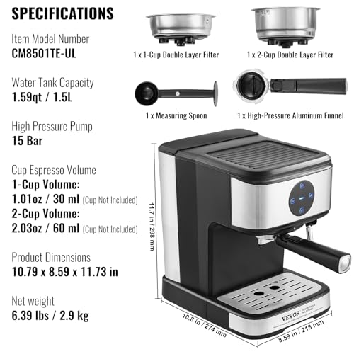 VEVOR Espresso Machine, 15 Bar Coffee and Espresso Maker with Milk Frother Steam Wand, Professional Semi-Automatic Cappuccino Latte Machine with Touch Screen & Removable Water Tank, NTC Control System