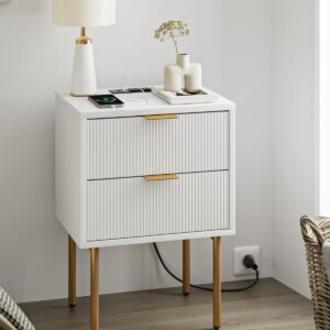 Aienvey Nightstand with Charging Station,Small Side Table with 2 Drawers, Bedside Furniture, White Night Stand, End Table with Gold Frame for Bedroom, Living Room, Stripe