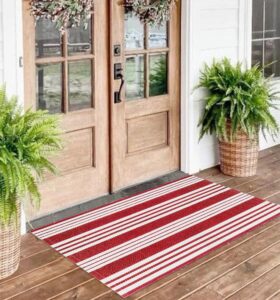 striped outdoor rug for porch 24"x51" red and white front porch rug layered doormat cotton woven washable throw carpet for hallway/front steps/bathroom/kitchen/home entrance