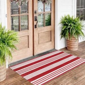 Striped Outdoor Rug for Porch 24"x51" Red and White Front Porch Rug Layered Doormat Cotton Woven Washable Throw Carpet for Hallway/Front Steps/Bathroom/Kitchen/Home Entrance