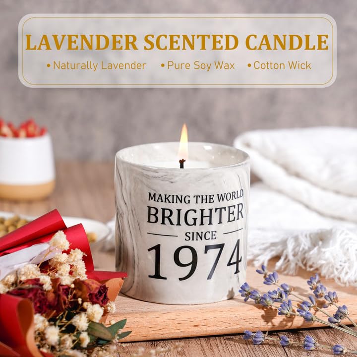 50th Birthday Gifts for Her, Women - Making The World Brighter Since 1974 - Funny 50th Bday Gifts Idea - 50th Birthday Decorations for Her, Him - 6oz Lavender Decor Ceramics Candle