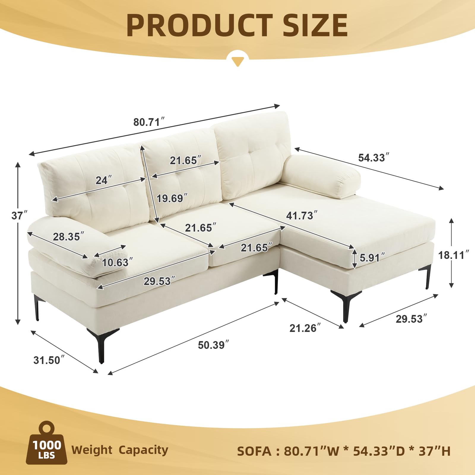 Linyuanwai Sectional Sofa Couch, 82" Chenille L-Shape Sofa Couch Modern Modular Small Sofa with Chaise Lounge Golden Legs for Living Room Apartment Office, Light Gray