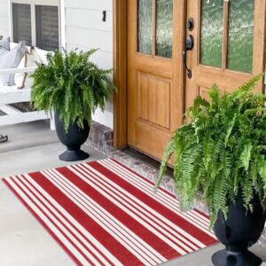 Striped Outdoor Rug for Porch 24"x51" Red and White Front Porch Rug Layered Doormat Cotton Woven Washable Throw Carpet for Hallway/Front Steps/Bathroom/Kitchen/Home Entrance