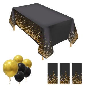 zjdhpty 3pack plastic table cloth disposable for rectangle tables, table cover black and gold party decorations for birthday graduation retirement new year size 54x108 inch (black+gold dot)