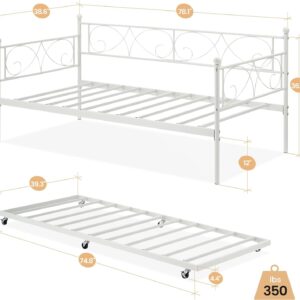 IDEALHOUSE Twin Daybed with Trundle, Metal Trundle Bed, Sofa Bed Frame, Heavy Duty Metal Slats, for Living Room, Bedroom, Guest Room, Space Saving, White