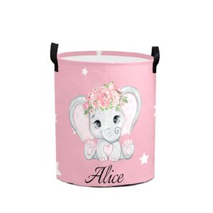 lomfeli personalized large laundry basket, folding laundry basket with handle storage dirty clothes basket baby hamper for nursery room laundry room(pink elephant)