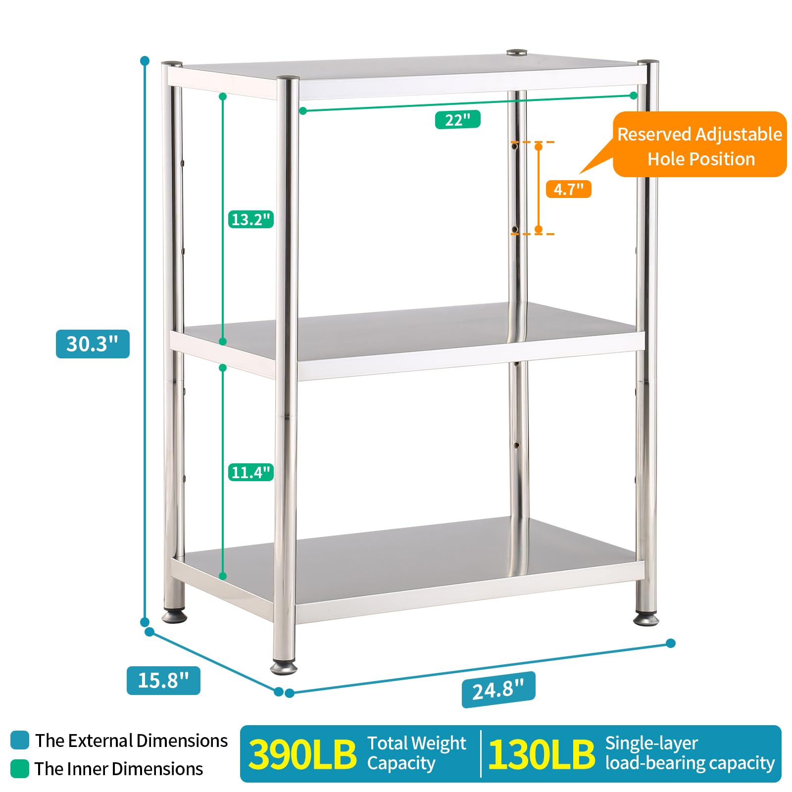 susunnus Stainless Steel Shelves Storage Shelves for Kitchen Garage Shelves Heavy Duty Shelving Metal Shelving Units and Storage Kitchen Industrial Storage Rack (24.8in*15.8in-3T(Without guardrails))