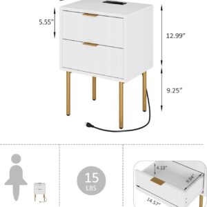 Aienvey Nightstand with Charging Station,Small Side Table with 2 Drawers, Bedside Furniture, White Night Stand, End Table with Gold Frame for Bedroom, Living Room, Stripe