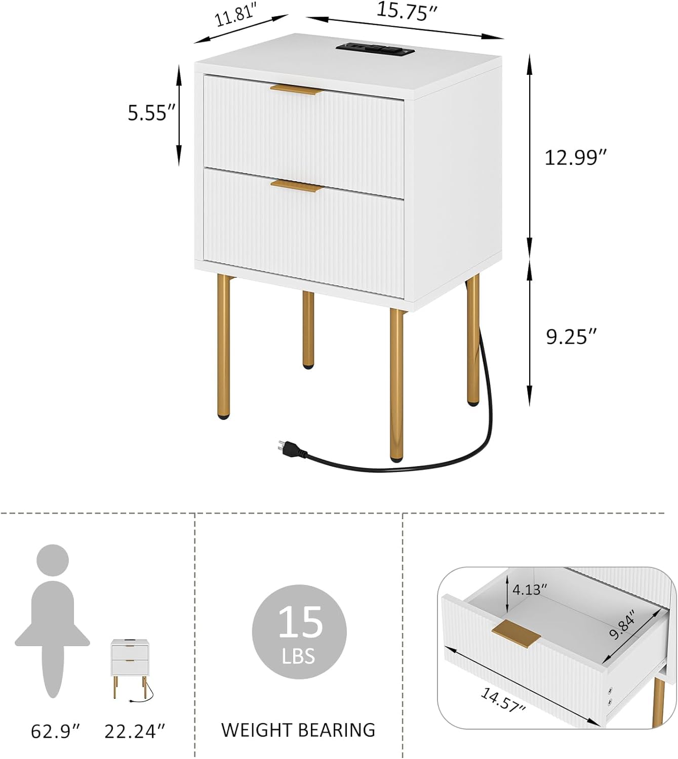 Aienvey Nightstand with Charging Station,Small Side Table with 2 Drawers, Bedside Furniture, White Night Stand, End Table with Gold Frame for Bedroom, Living Room, Stripe