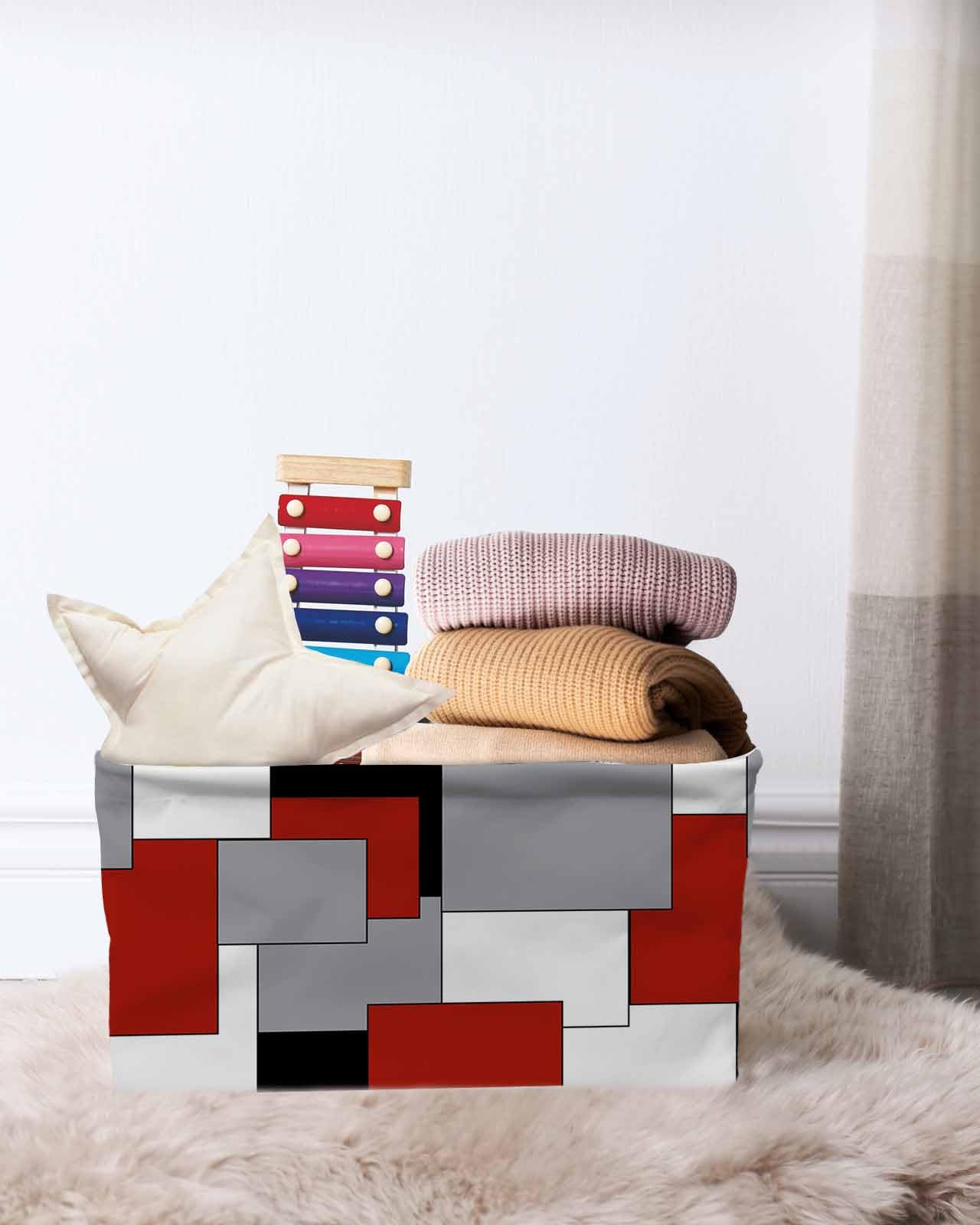 Abstract Storage Basket Large Foldable Storage Bins with Handles Geometric Mid Century Red Nordic Waterproof Fabric Laundry Baskets for Organizing Shelves Closet Toy Gifts Bedroom Home Decor