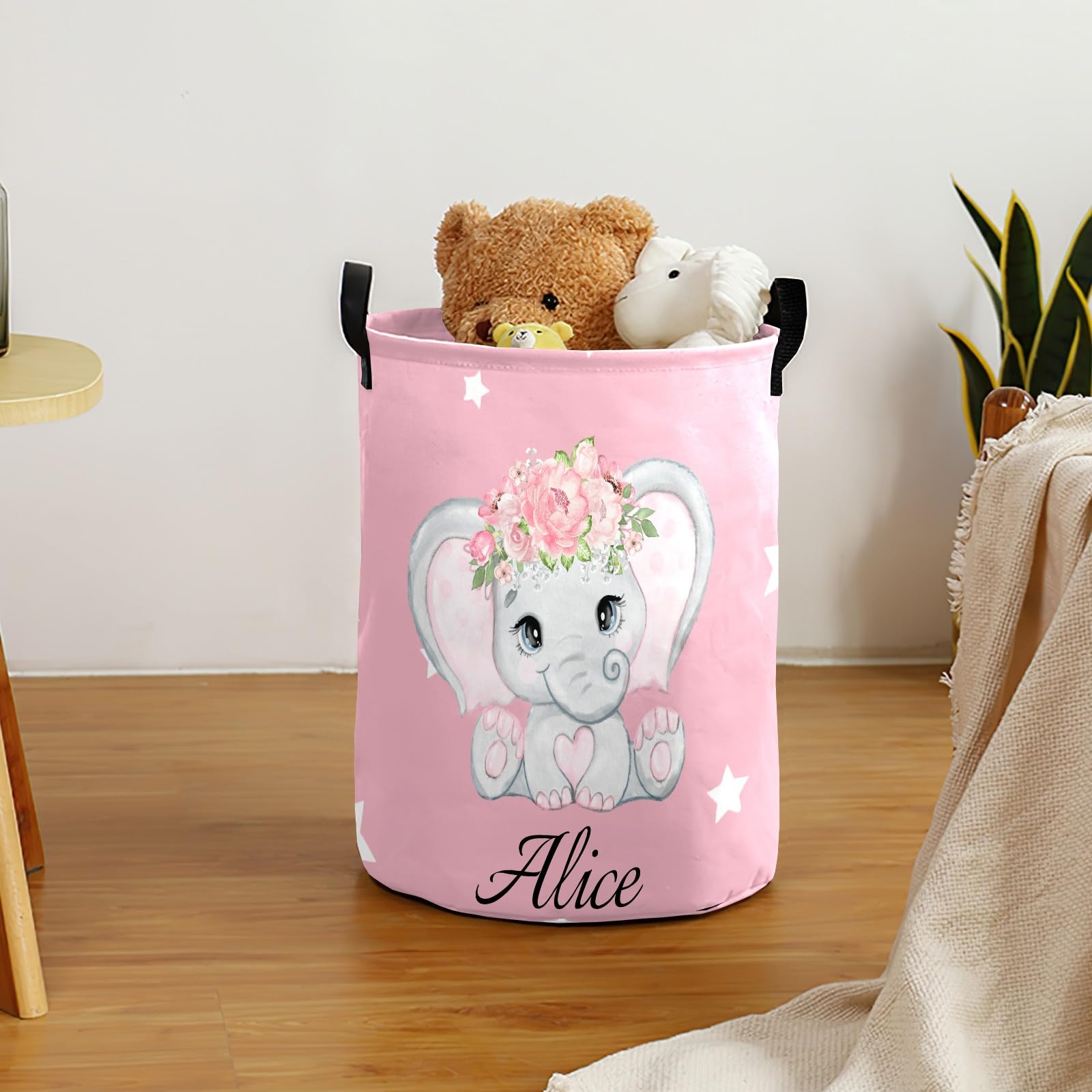 Lomfeli Personalized Large Laundry Basket, Folding Laundry Basket With Handle Storage Dirty Clothes Basket Baby Hamper For Nursery Room Laundry Room(Pink Elephant)