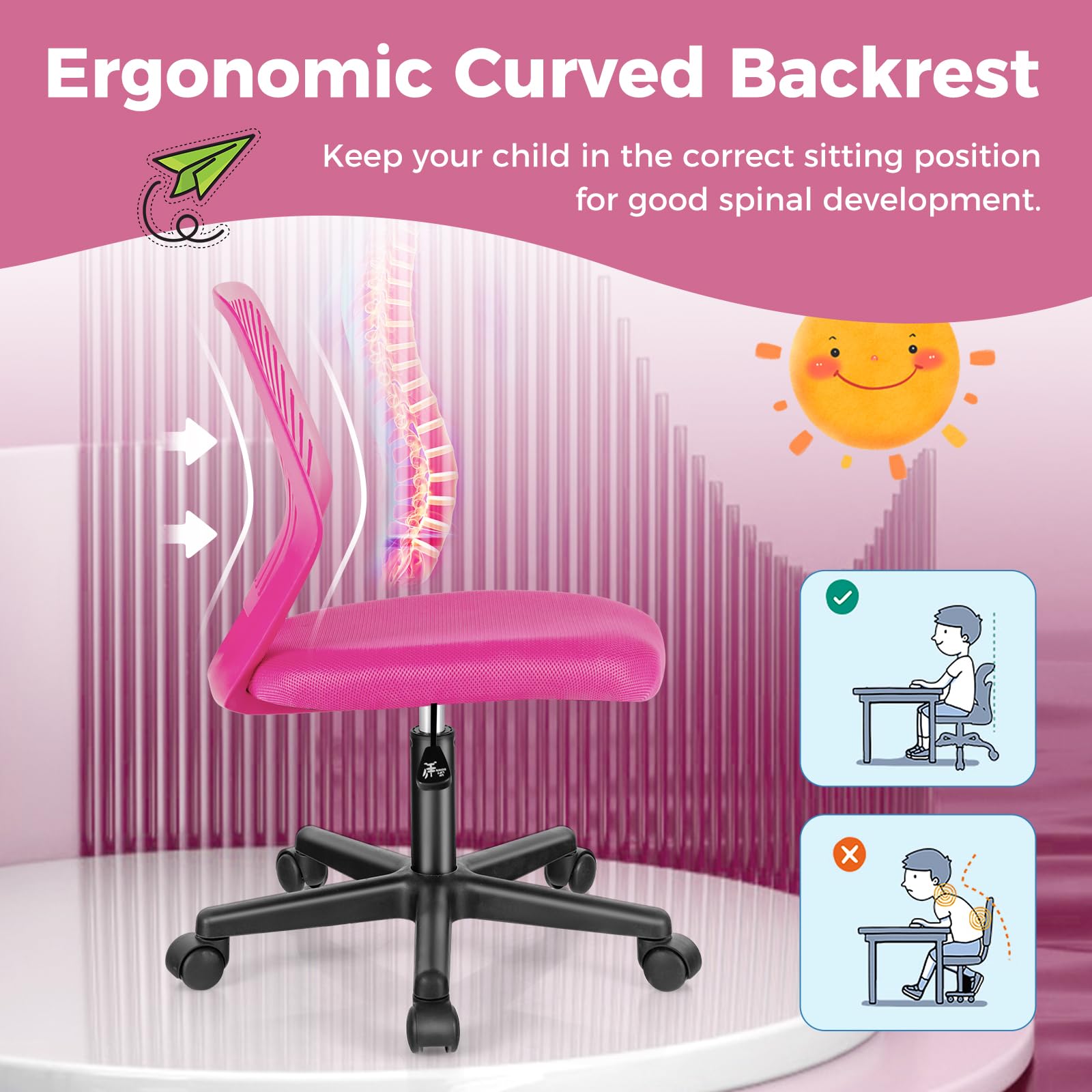 COSTWAY Height-Adjustable Ergonomic Kids Desk Chair, Swivel Armless Task Chair w/Universal Casters, Children Study Chair, Kids Mesh Computer Chair for Teens, Home, Office (Pink)