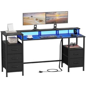 korfile computer desk with power outlets & led lights, reversible gaming desk with 5 fabric drawers for bedroom, 55 inch home office desk with monitor stand & storage shelves for working, black