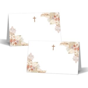 bohemia baptism table place cards - 25pcs tent cards - pampas grass food labels - first holy communion name cards for table setting - baptism prayer for baby table card - scored for easy folding -20