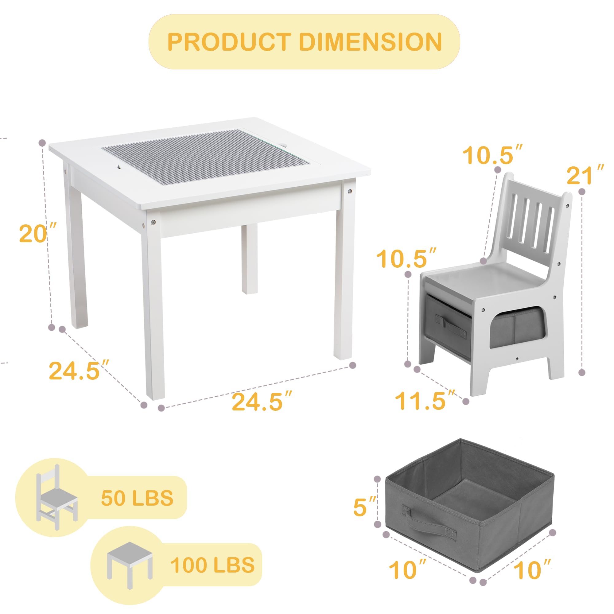 TODEFULL Kids Play Table and 2 Chair Set, 2 in 1 Wooden Activity Table w/Storage, Compatible with Lego and Duplo Bricks, Play Building Block Table Set for Reading, Drawing, Build Blocks, Grey