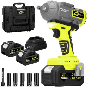 copduzi 1000n.m (740ft-lbs) cordless impact wrench,1/2 inch brushless electric impact wrench set,4200rpm high torque impact gun with 2 x 4.0ah battery,fast charger & 5 sockets for car home