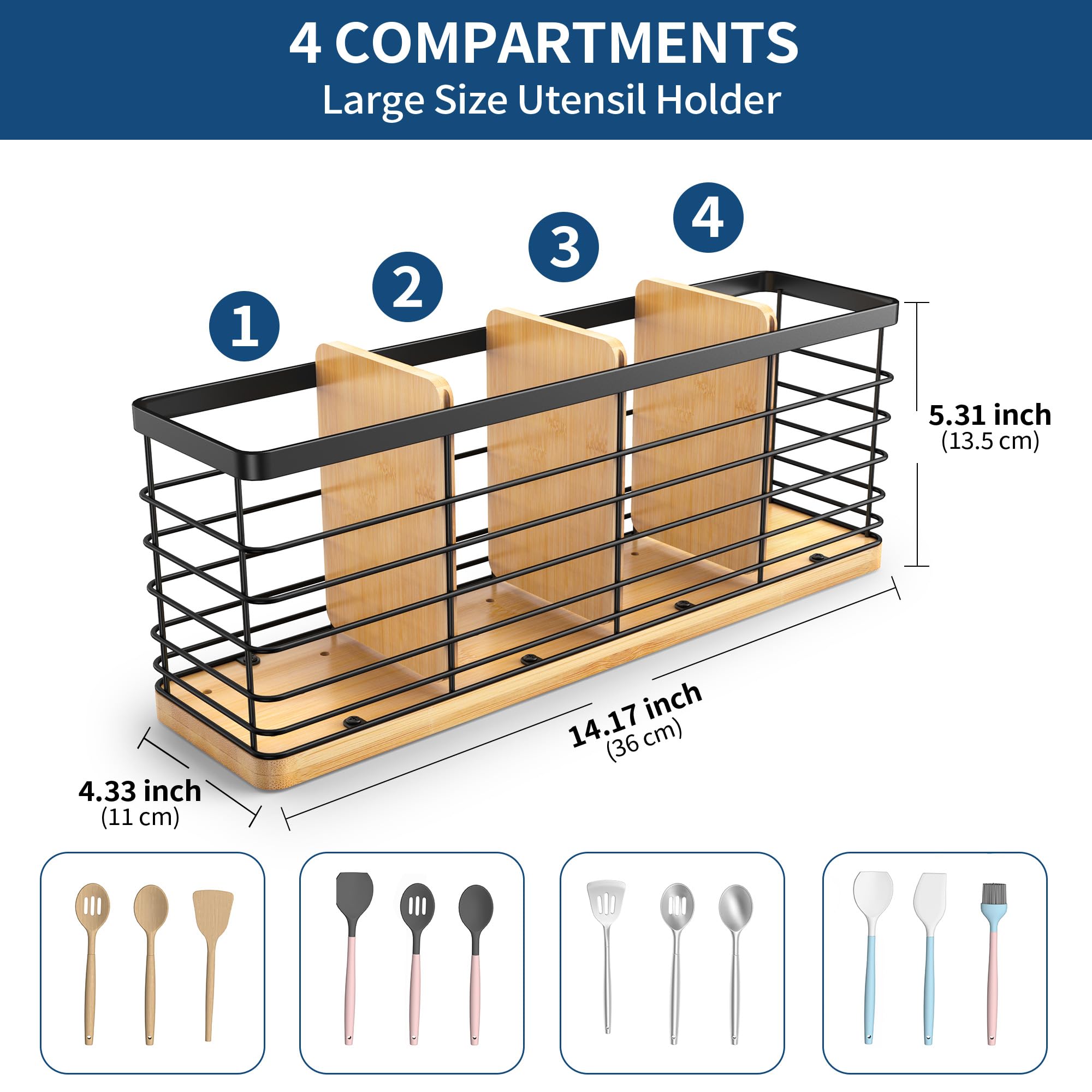 XCPPLV Kitchen Utensil Holder, Large Cooking Utensils Holder for Countertop Cooking Tools Storage Organizer Set 4 Compartments Large Utensil Caddy for Kitchen