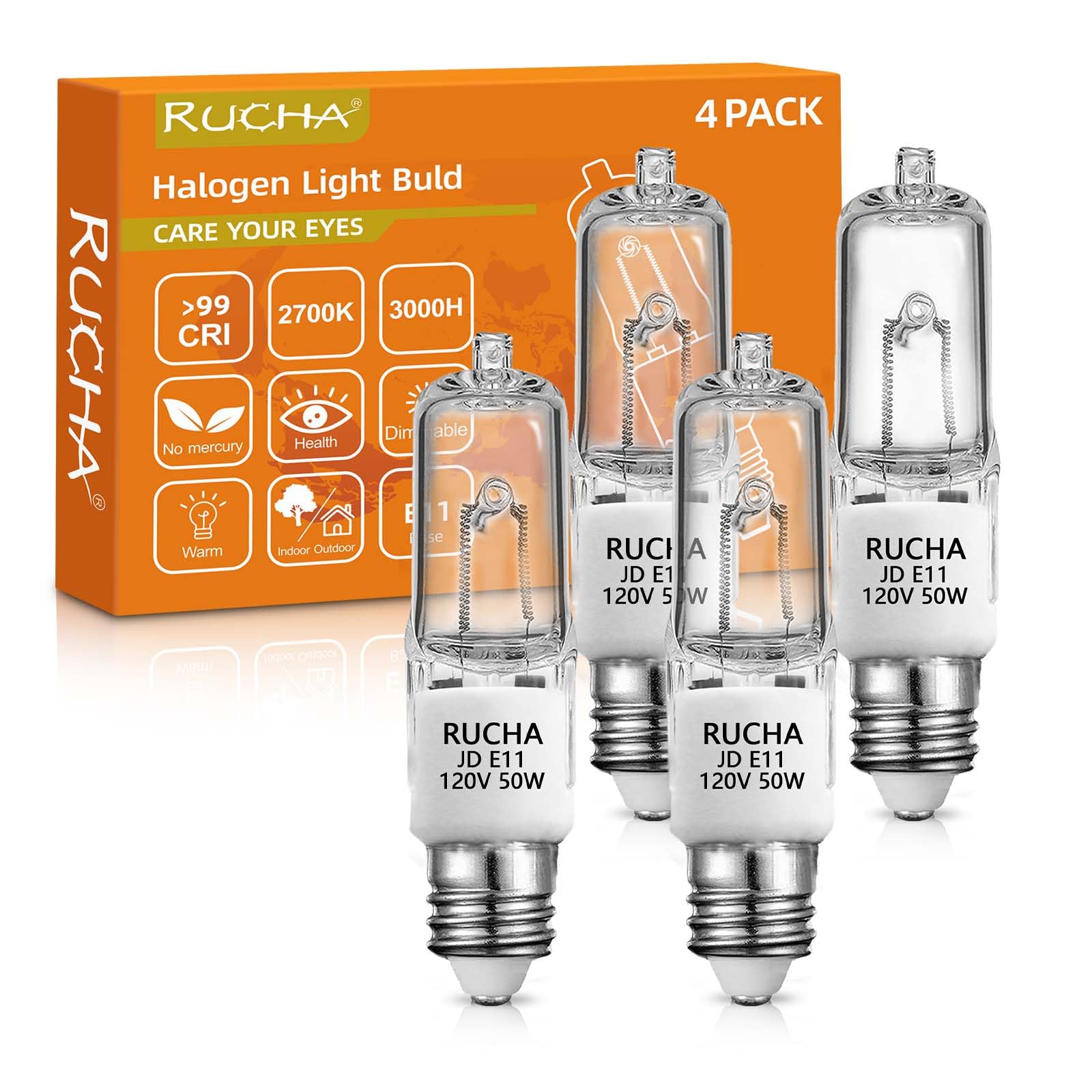 RUCHA E11 Halogen Buld, JDE11 120V 50W Dimmable Halogen Light bulds(Replacement E11 LED Buld), T4 Mini Candelabra Base, for Chandeliers, Candelabra,Ceiling Fan, Table Lamps, Cabinet Lighting, 4 Pack