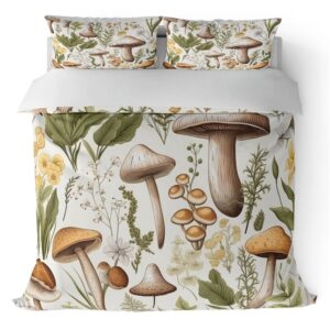 Mystical Woodland Mushrooms Bedding Set for Girls Boys Children - Botanical Fungus Comforter Cover Decorative Wild Mushroom Stuff Duvet Cover Cute Mushroom Plants Duvet Cover