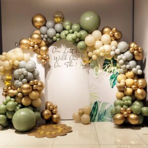 Sage Green Balloon Garland Arch Kit, 156pcs Avocado Green White Sand Gold Dusty Blue Balloons for Baby Shower Boho Bridal Shower Birthday Communion Party Wedding Decorations