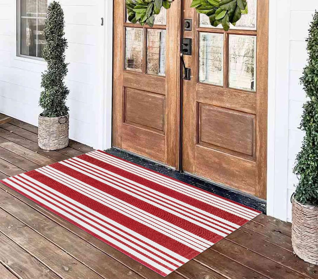 Striped Outdoor Rug for Porch 24"x51" Red and White Front Porch Rug Layered Doormat Cotton Woven Washable Throw Carpet for Hallway/Front Steps/Bathroom/Kitchen/Home Entrance