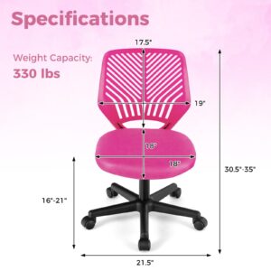 COSTWAY Height-Adjustable Ergonomic Kids Desk Chair, Swivel Armless Task Chair w/Universal Casters, Children Study Chair, Kids Mesh Computer Chair for Teens, Home, Office (Pink)