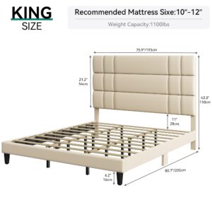 YITAHOME King Bed Frame Linen Fabric Upholstered Platform with Headboard and Strong Wooden Slats, Non-Slip and Noise-Free,No Box Spring Needed, Easy Assembly,Beige