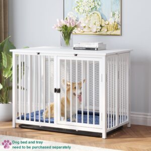 UMXES Heavy Duty Dog Crate Furniture, Fully Assembled exc. Locks, All Metal Frame & Wooden Tabletop, Modern Kennel for Small/Medium Dog, End Table, Sturdy, Foldable, White