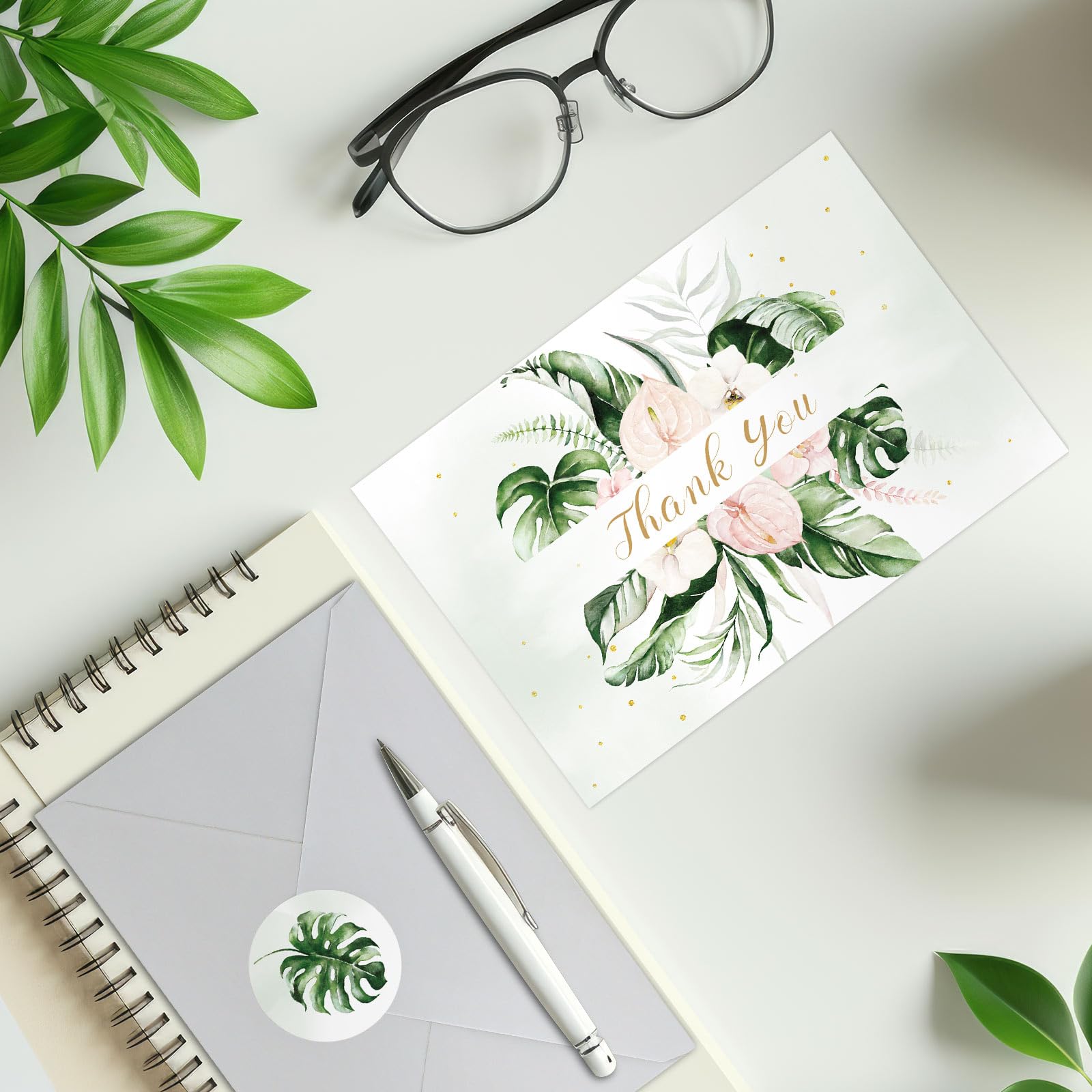 Whaline 24 Pack Tropical Thank You Cards Floral Palm Leaves Greeting Cards with Envelopes Stickers Summer Blank Note Cards for Holiday Wedding Bridal Shower Birthday, 4 x 6 Inch