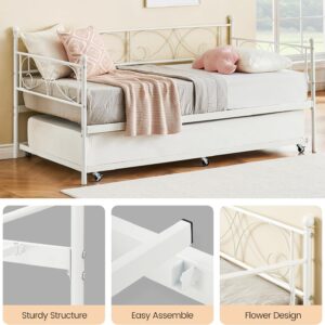 IDEALHOUSE Twin Daybed with Trundle, Metal Trundle Bed, Sofa Bed Frame, Heavy Duty Metal Slats, for Living Room, Bedroom, Guest Room, Space Saving, White