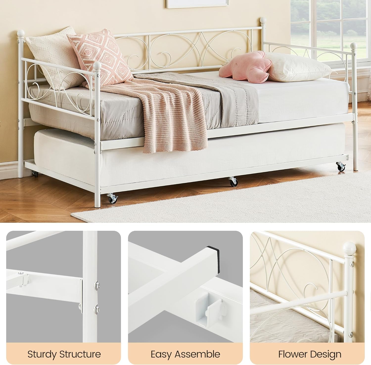 IDEALHOUSE Twin Daybed with Trundle, Metal Trundle Bed, Sofa Bed Frame, Heavy Duty Metal Slats, for Living Room, Bedroom, Guest Room, Space Saving, White