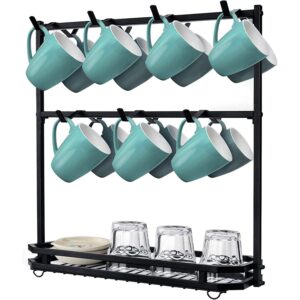 YEFDG Coffee Mug Holder with Movable Hooks, 14 Capacity Coffee Cup Holder for Organizer Countertop, Metal Mug Tree Holder Rack with Storage Base, Home Storage Mug (Black)