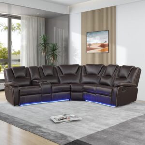 olodumare modern faux leather manual reclining sectional sofa couch with led light strip, leather recliner couch with cup holder and storage for living room office,living room furniture set, brown