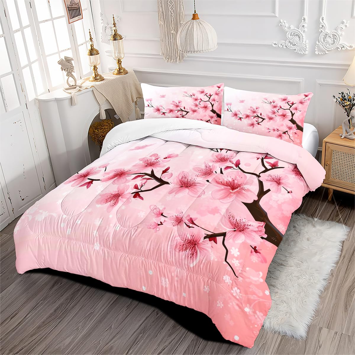 CCoutueChen Japanese Style Floral Comforter Bedding Set King Size Cherry Blossom Bed Sets Botanical Comforter Insert Romantic Pink Flowers Bedding 3Pcs Soft Lightweight Comforter(Girls Women Adult)